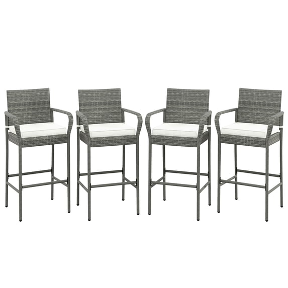 Gymax Outdoor Rattan Bar Stools Set of 4 with Cushions, Bar Height ...