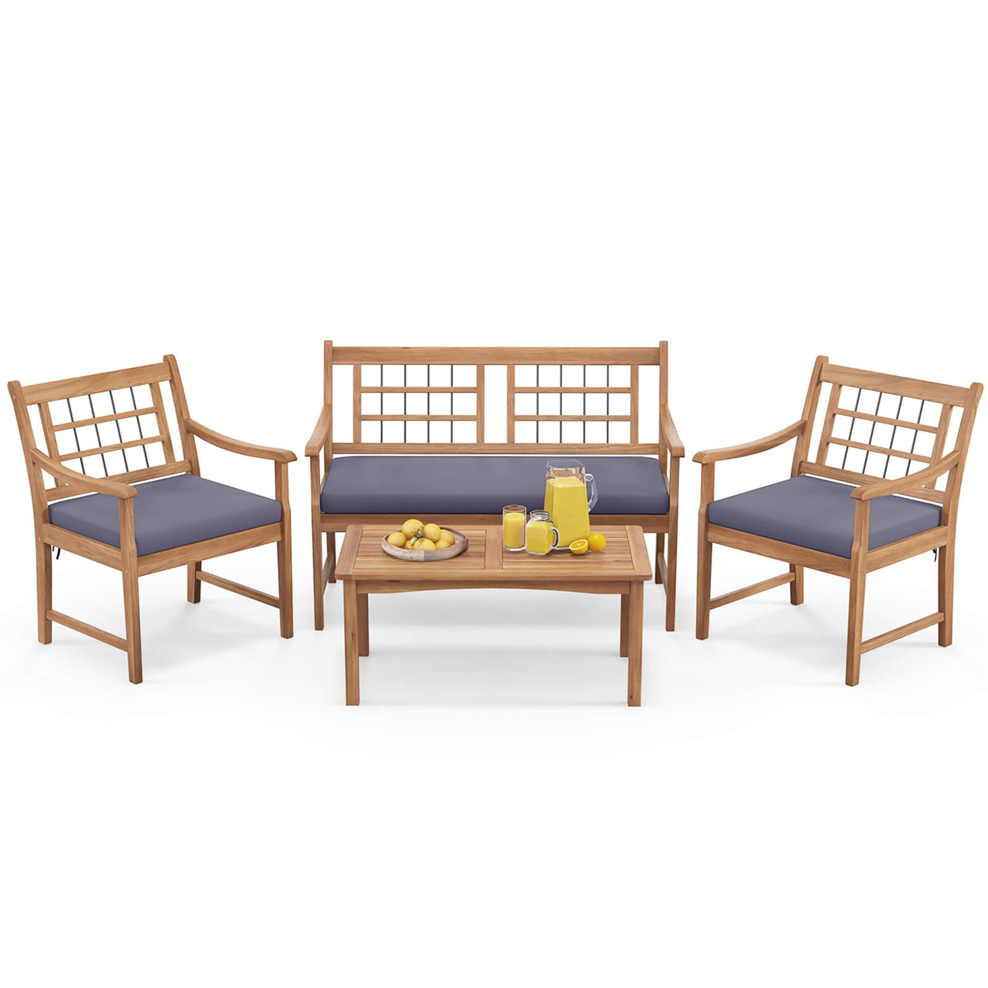 Gymax Set of 4 Wood Furniture Set w/ Seat Cushions & Solid Acacia Wood ...