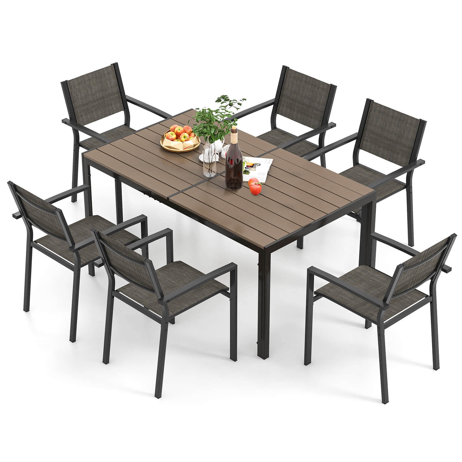 Gymax Set of 7 Dining Set w/ 6 Stackable Chairs & Large Rectangle Table ...