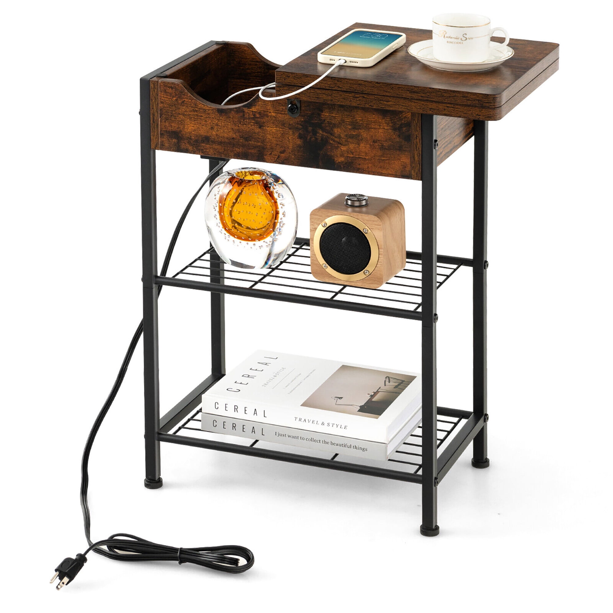 Gymax Side End Sofa Table Nightstand with Charging Station Flip-Up Top ...