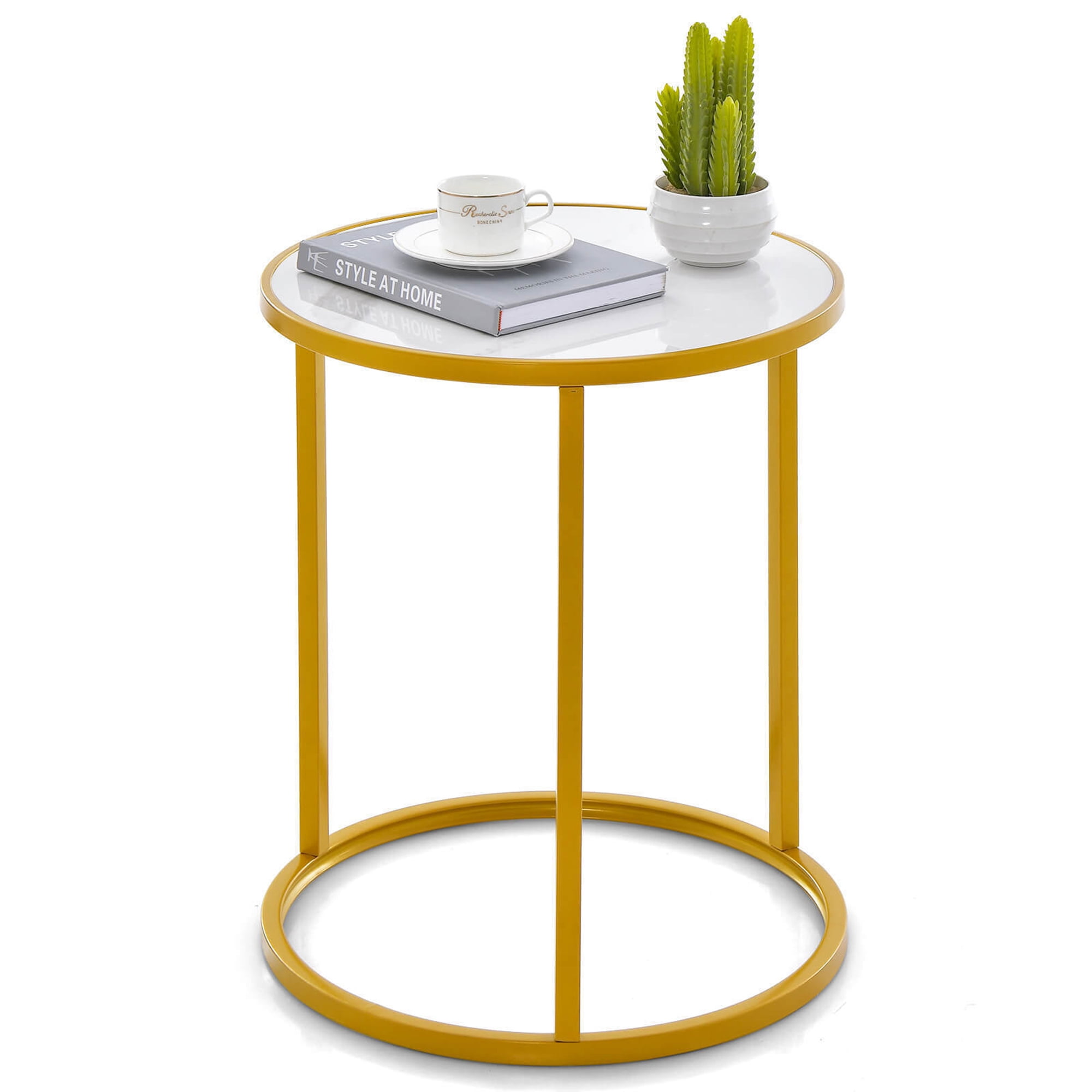 Gymax Sintered Stone Top Round Side Table 16''x16'' End Table w/ Golden ...
