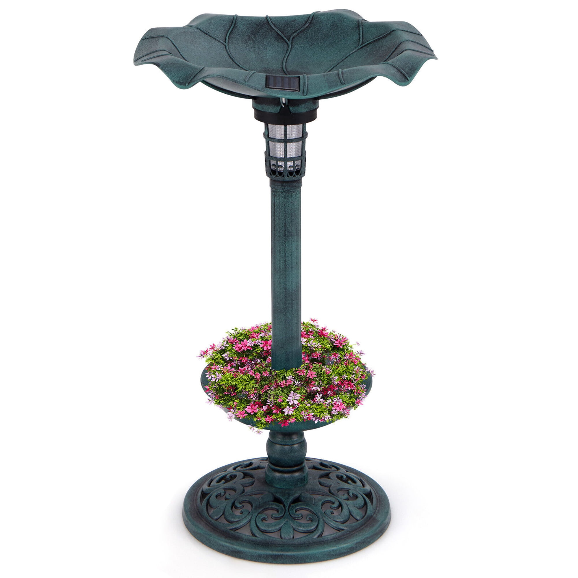 Gymax Solar Bird Bath, LED Lighted Pedestal Feeder, Bronze Lotus Leaf ...