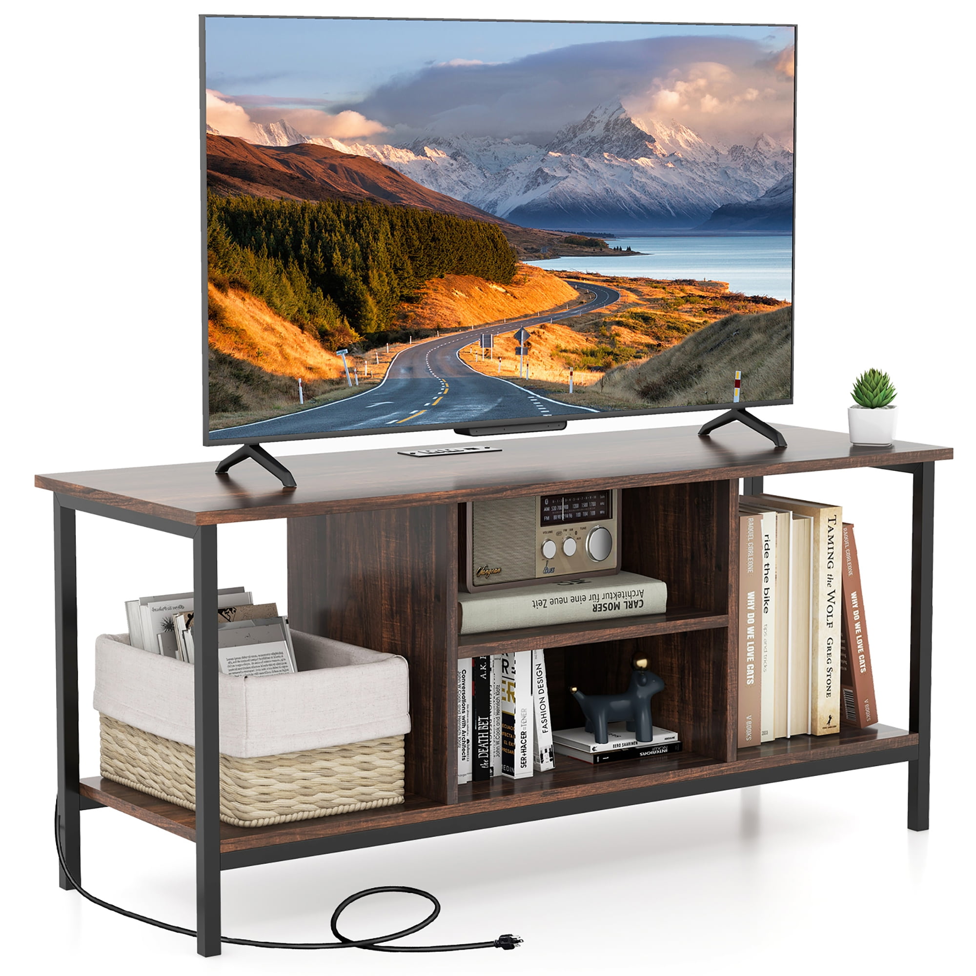 Gymax TV Console Table w/ Power Outlets 50" Industrial TV Stand w/ Open ...