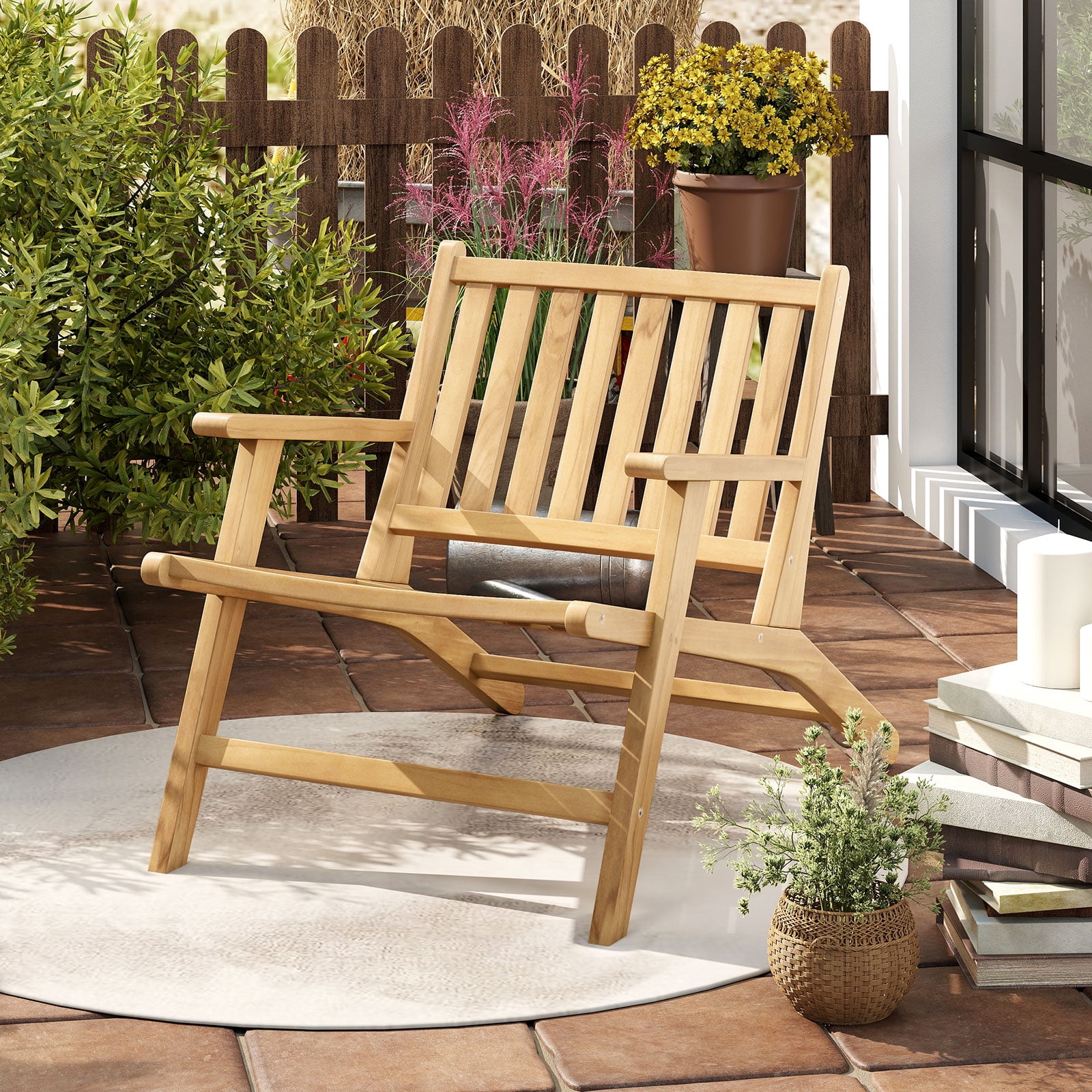 Gymax Teak Wood Outdoor Reclining Chair w/Comfortable Backrest ...
