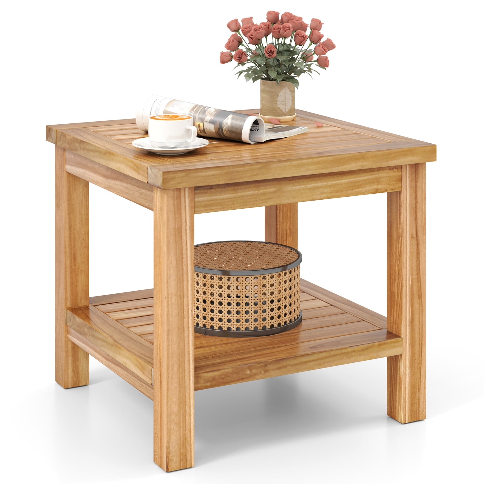 Gymax Teak Wood Side Table w/ Storage 20'' Square End Table w/ Open ...