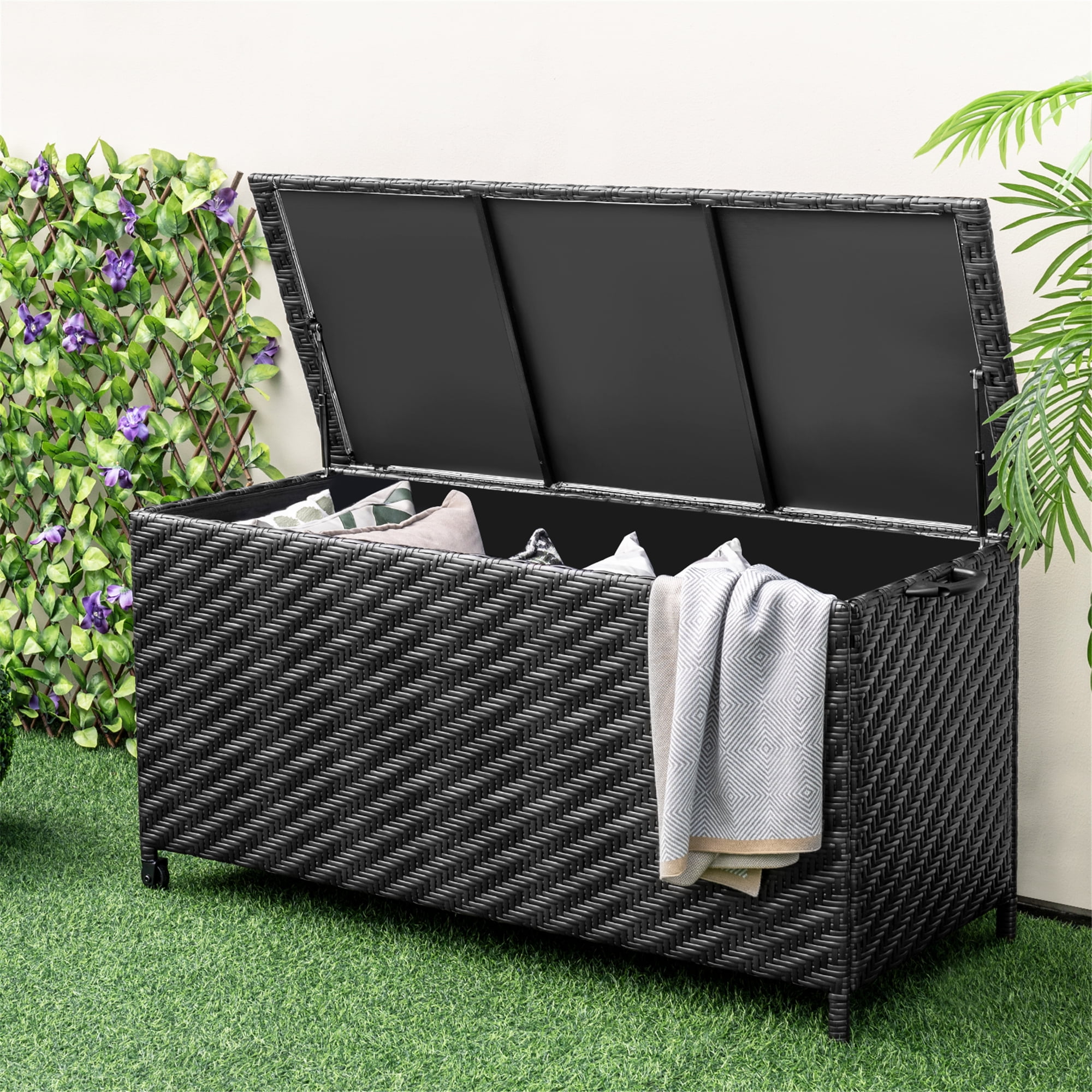 Gymax Tightly-Woven Rattan Deck Box w/ Polyester Liner Universal Wheels ...