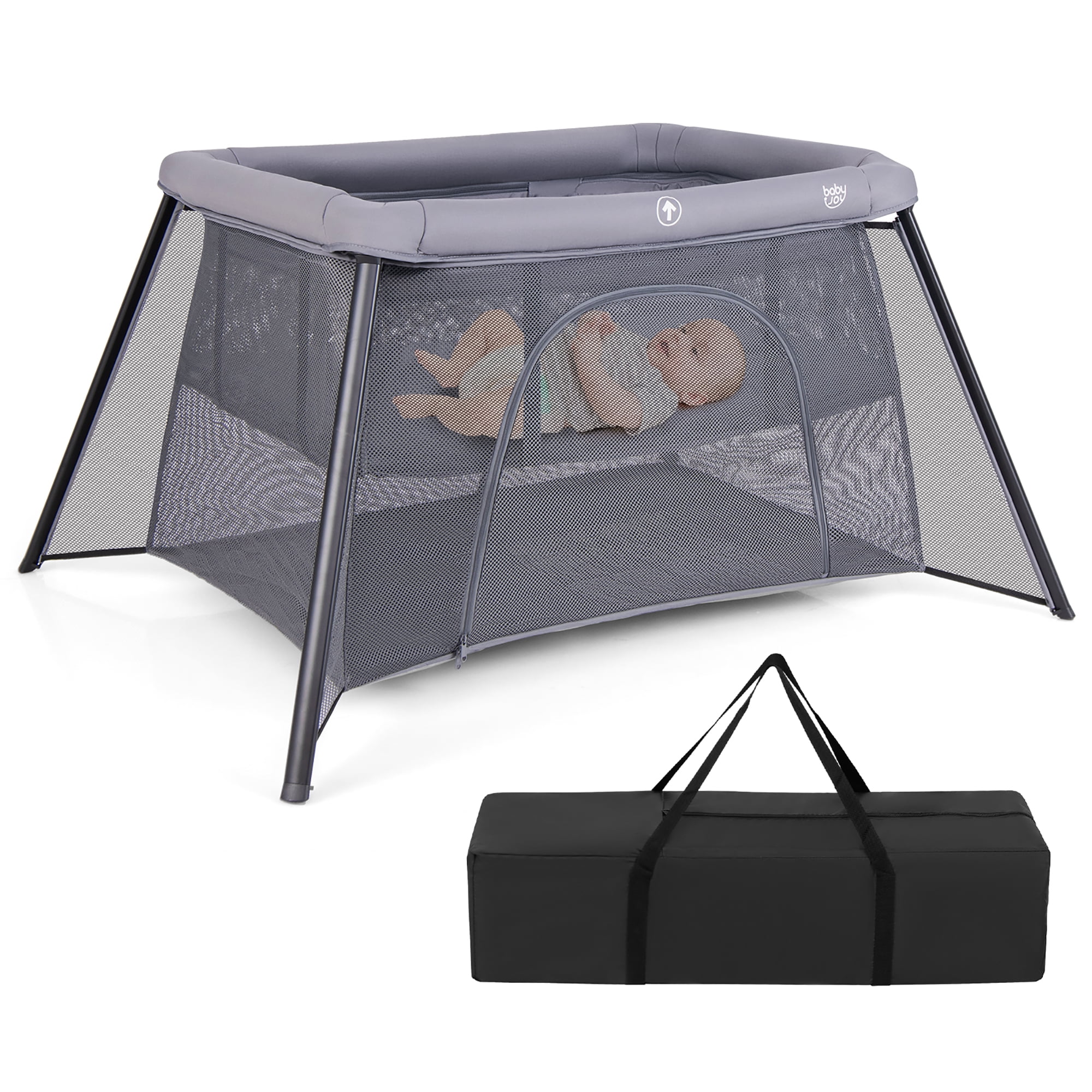 Gymax Travel Crib w/ Safety Enclosure & Padded Mattress Carrying Bag ...