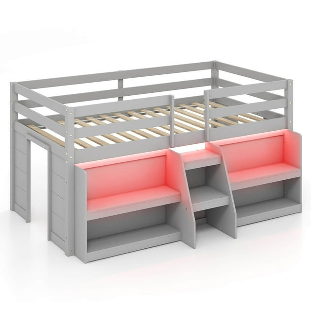 Gymax Twin Size Loft Bed w/ LED Lights Staircase & Safety Guardrail ...