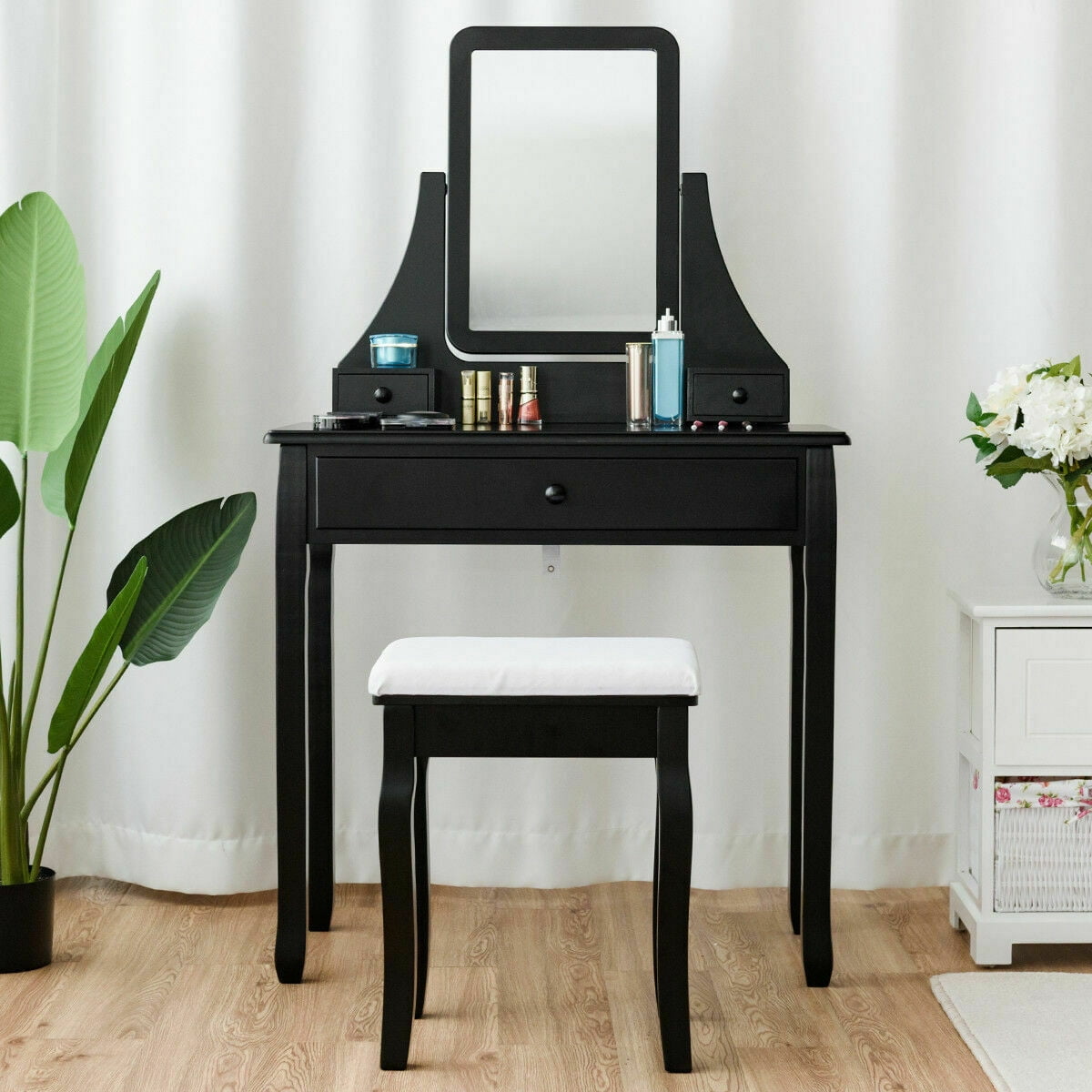 Gymax Vanity Dressing Table Set Mirror Desk Furniture Stool W/ Mirror ...
