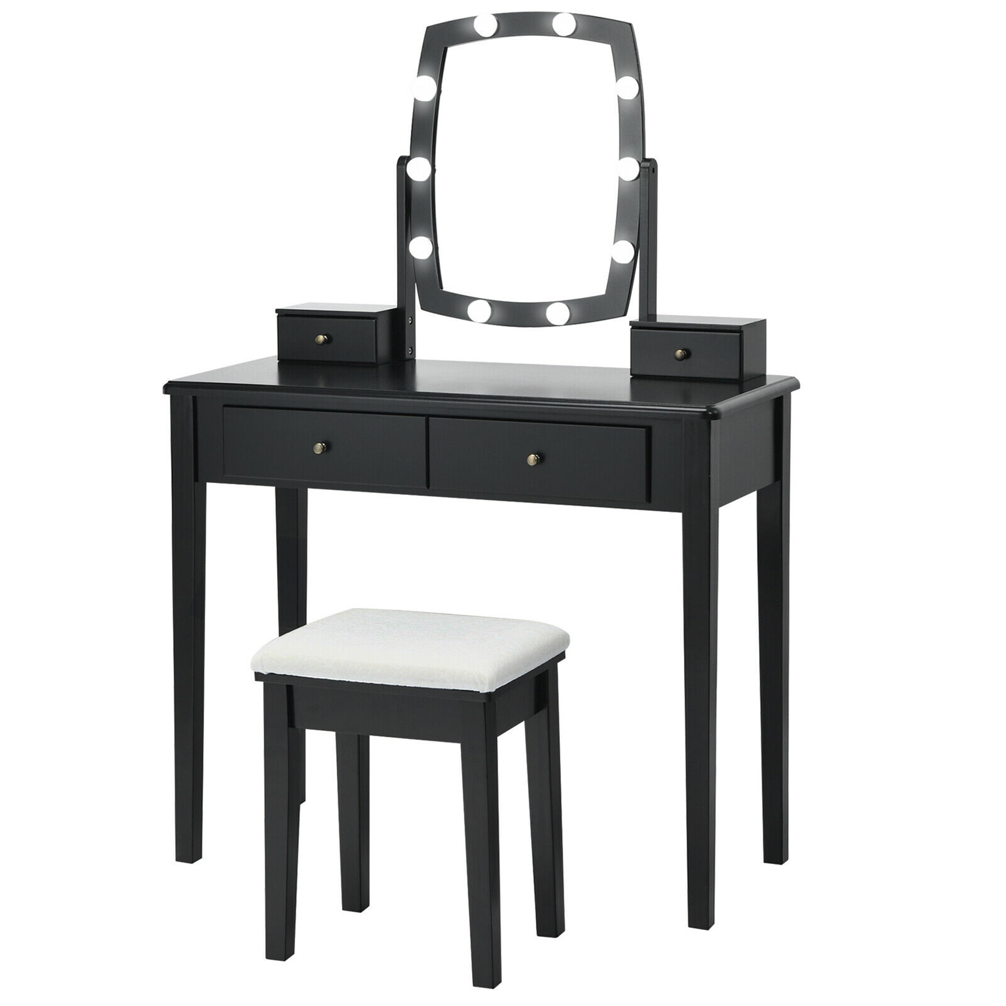 Gymax Black Vanity Table Set with 4 Drawers, Lighted Mirror and ...