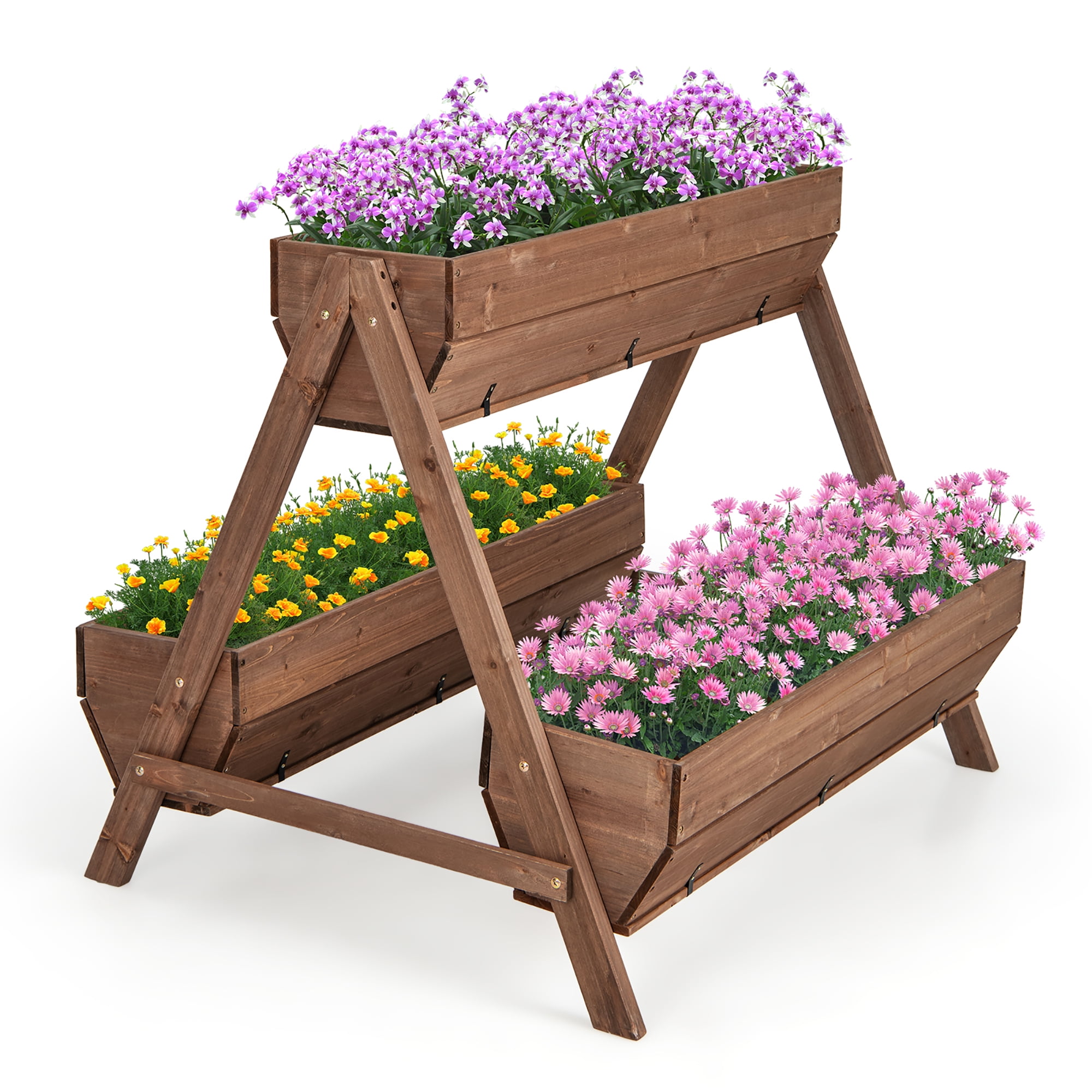 Gymax Vertical Raised Garden Bed Wood Tiered Plant Stand w/ 3 Planter ...