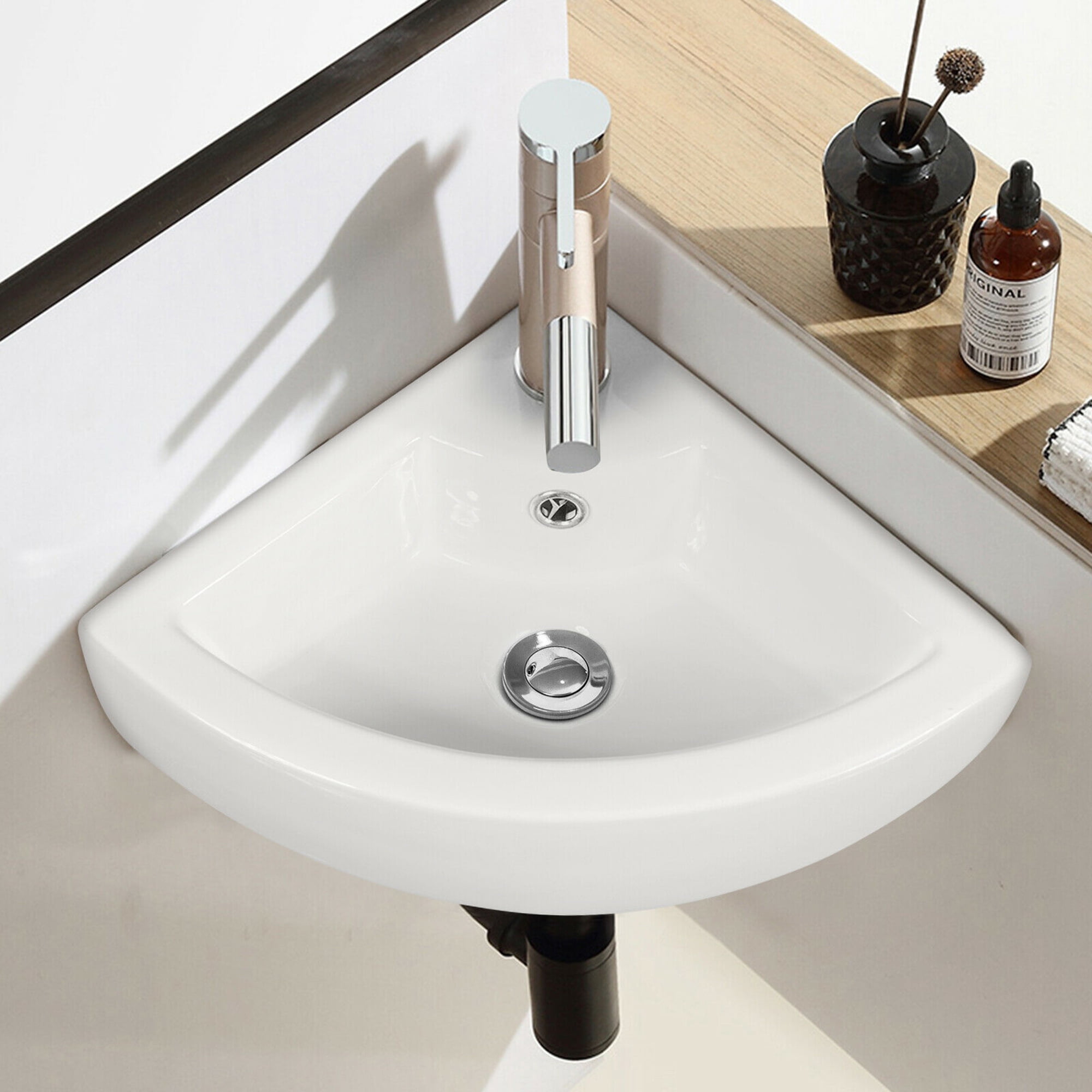Gymax Wall Mount Corner Ceramic Vessel Sink Angled Art Basin w ...