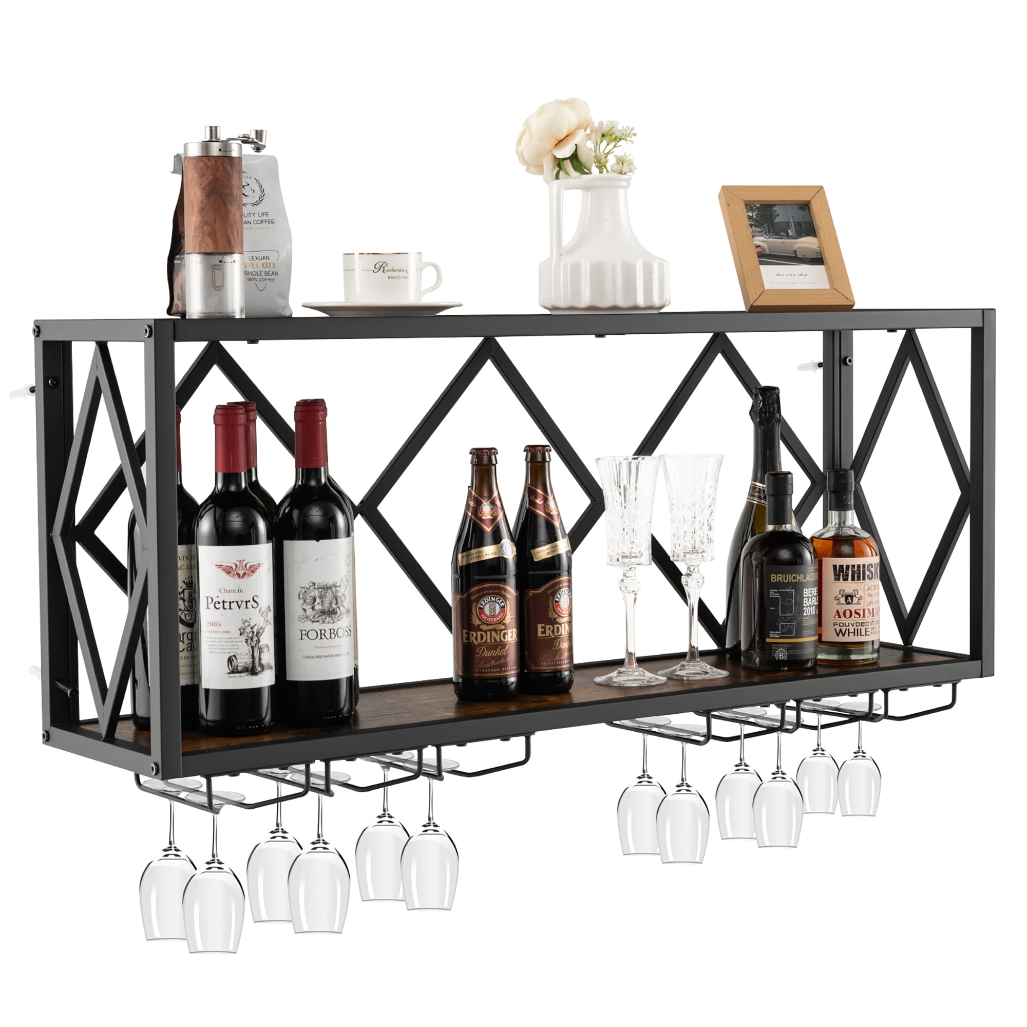 Gymax Large Rustic Wall Mounted Wine Rack, Industrial Storage Display ...