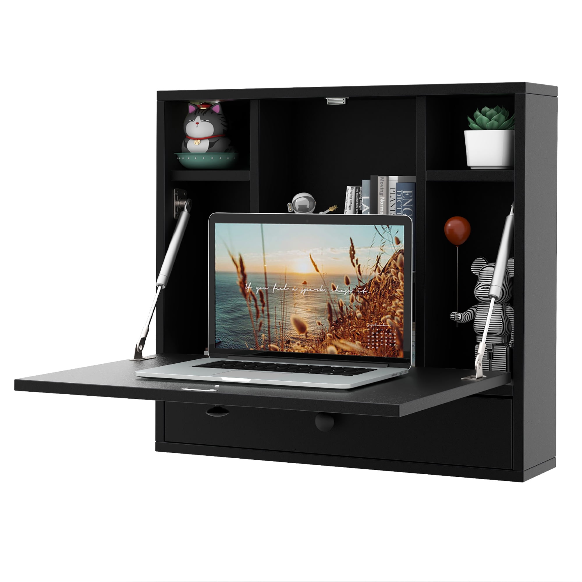 Gymax Wall-mounted Desk Floating Computer Workstation w/ Storage ...
