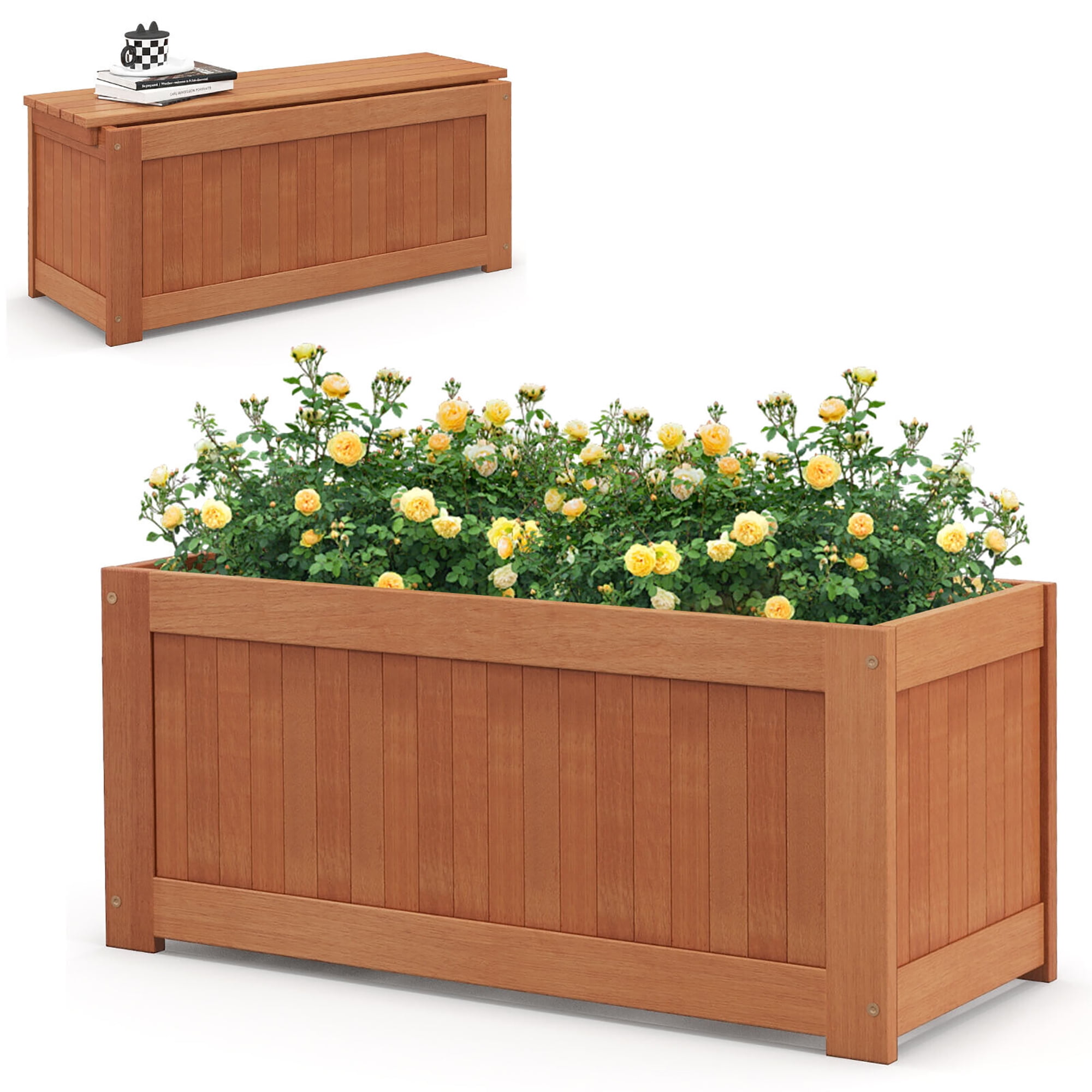 Gymax Patio Elevated Wooden Planter Box & Bench - Outdoor Raised Garden ...