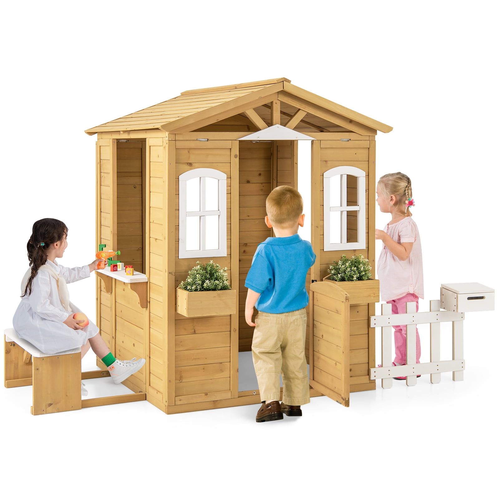 Gymax Wood Playhouse for Kids Outdoor Adventures Cottage w/ Bench Play ...