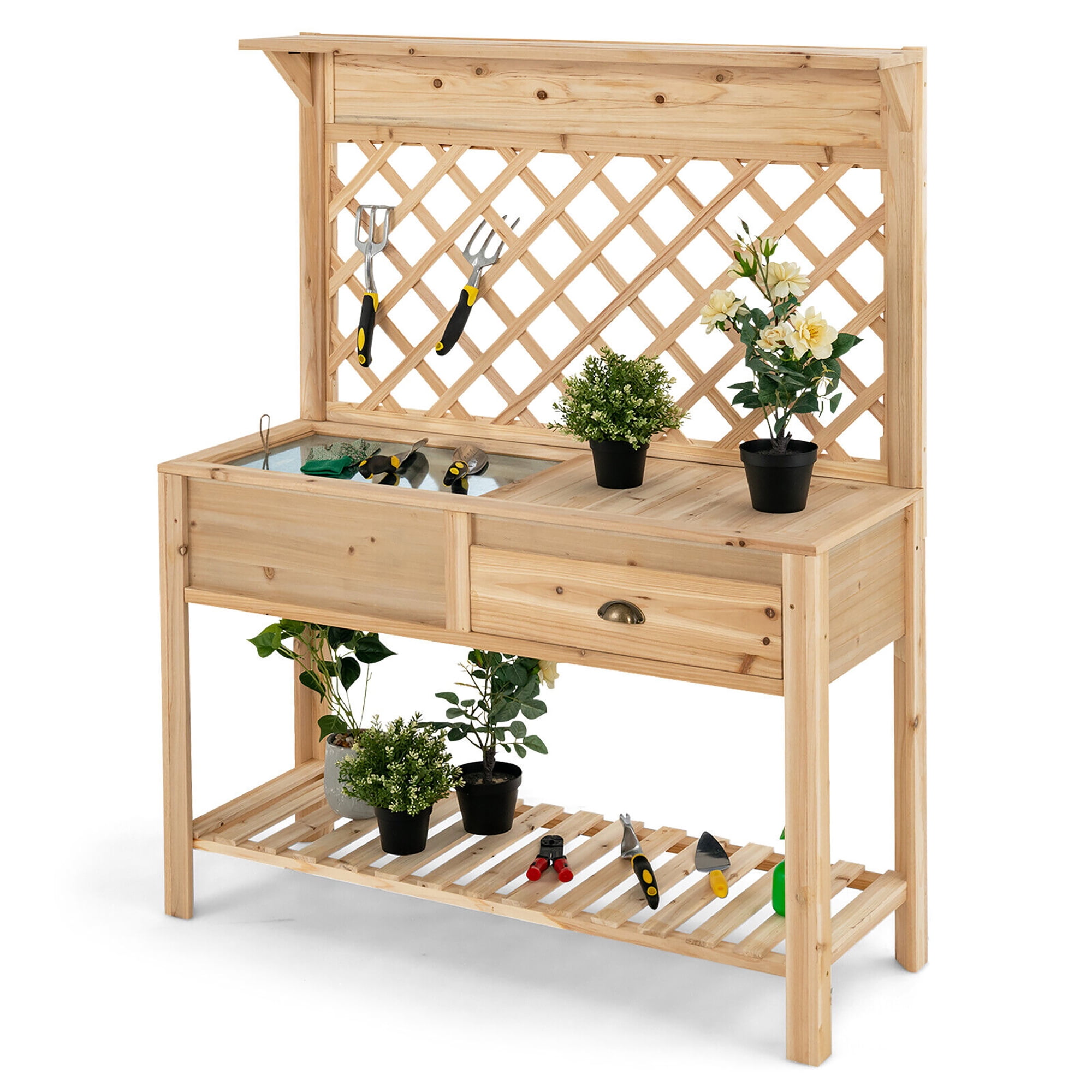 Gymax Wooden Outdoor Raised Garden Bed with Trellis, Storage Shelf and ...