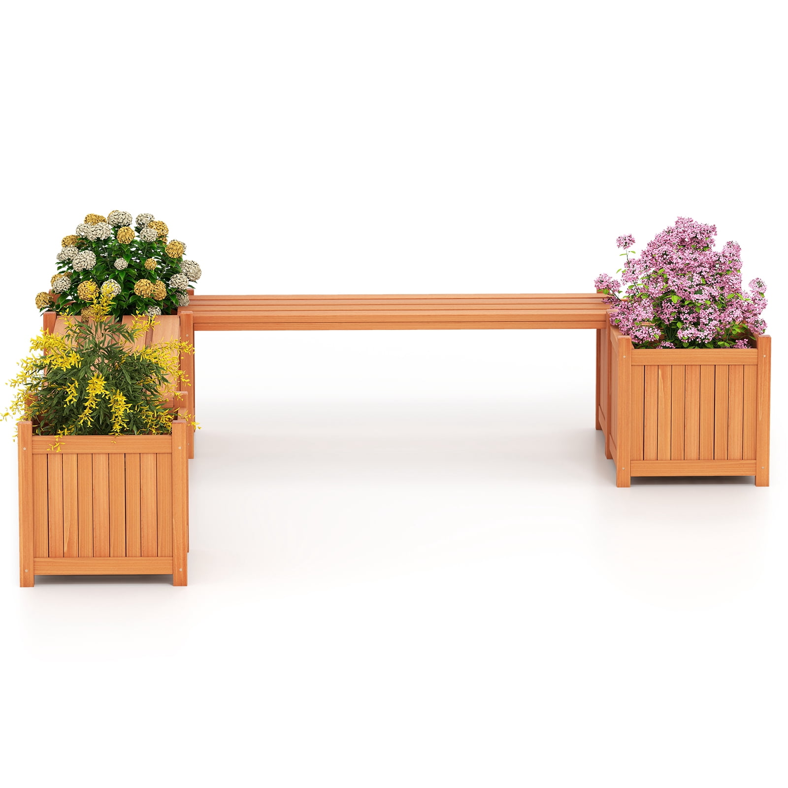 Gymax Wood Wooden Planter Box w/ Seat 2-in-1 Raised Garden Bed & Bench ...