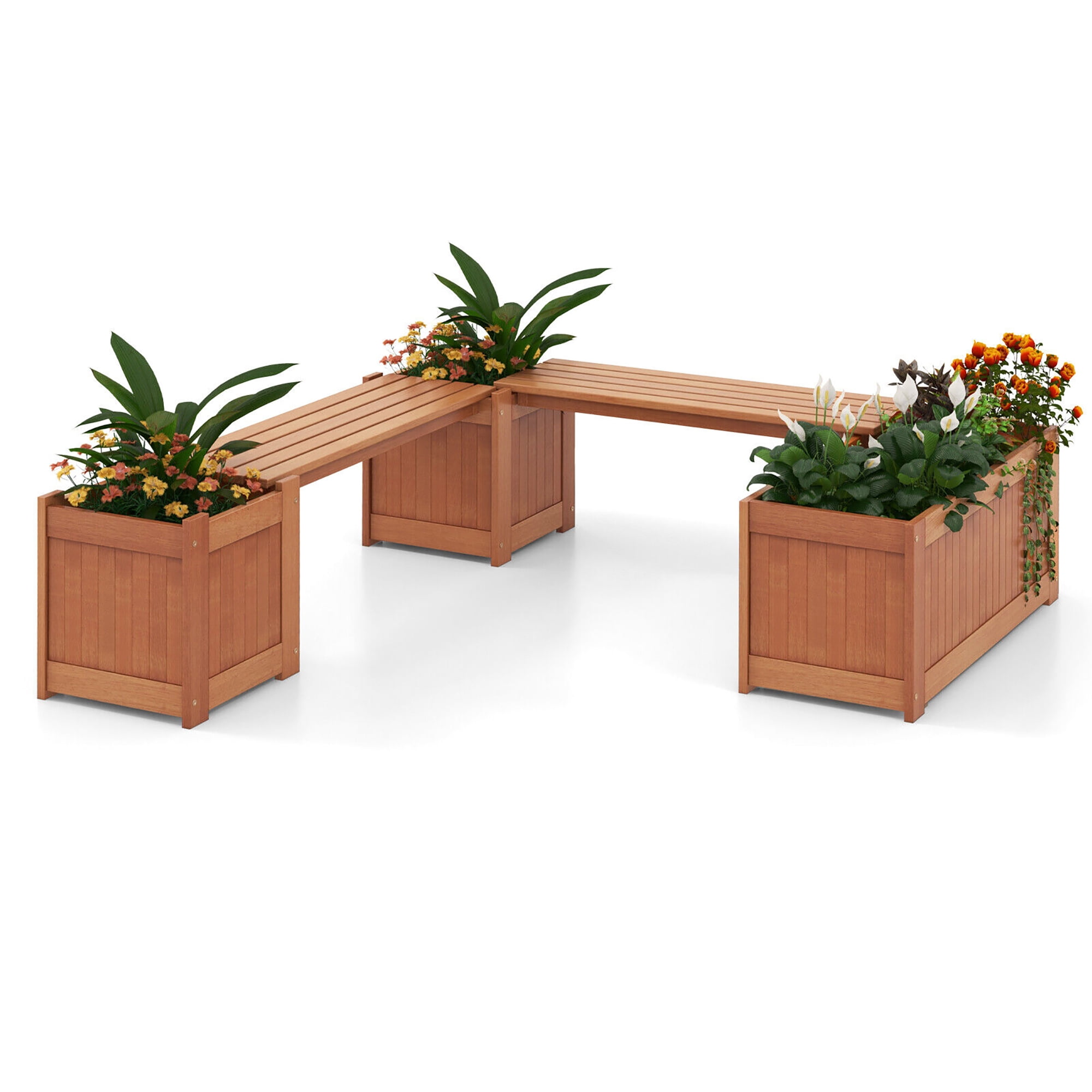 Gymax Wood Wooden Planter Box w/ Seat 2-in-1 Raised Garden Bed & Bench ...