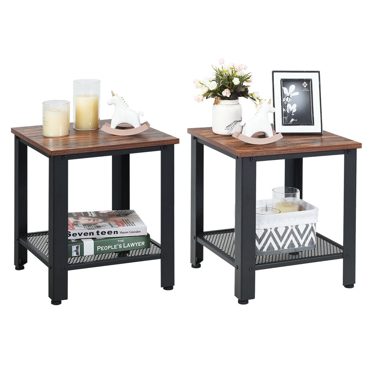 Gymax Wood and Metal Side Table (Set of 2), Brown/Black - Walmart.com
