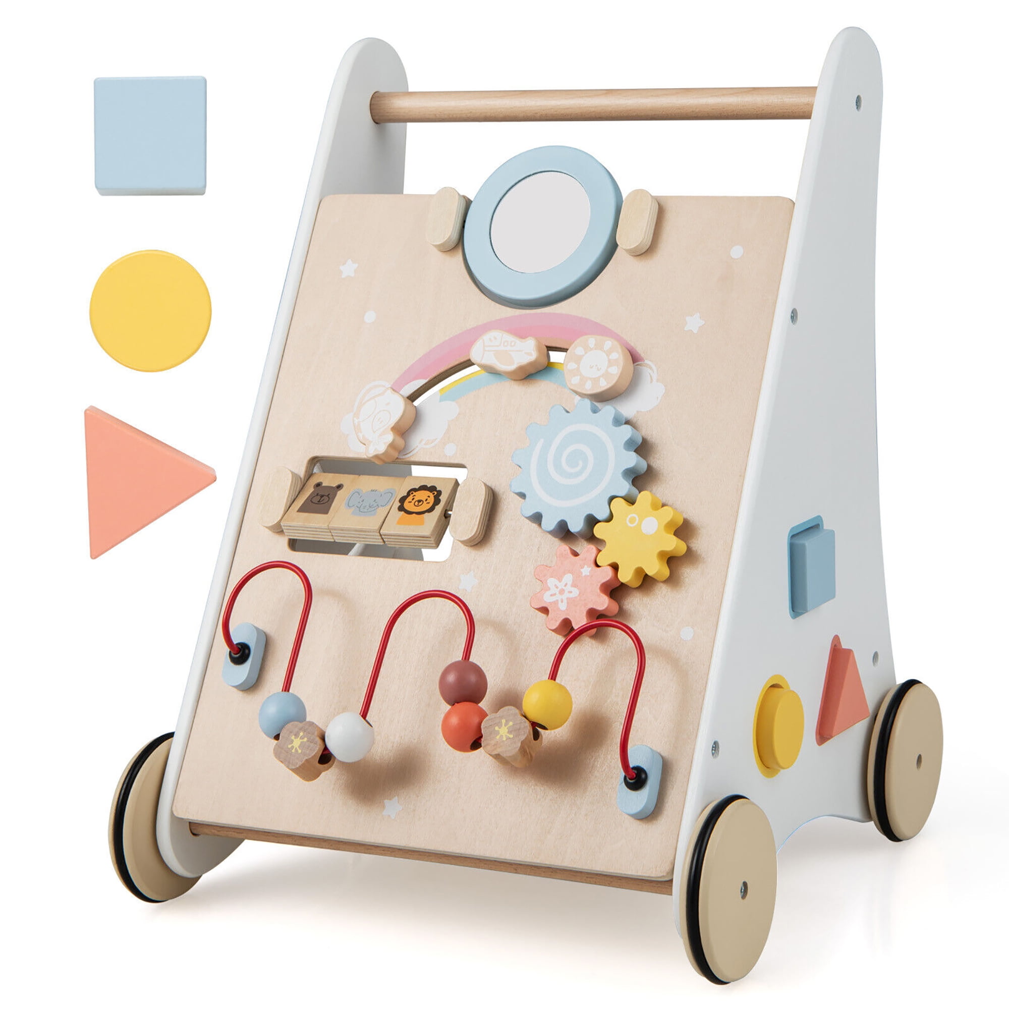 Gymax Stand Toy: Wooden Baby Walker & Activity Center with Mirror ...