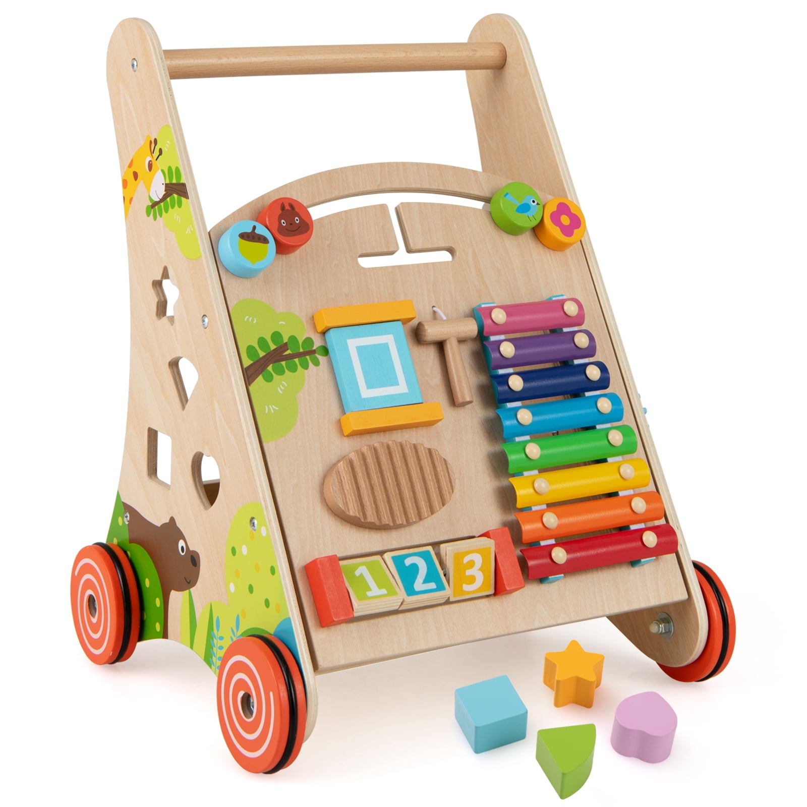 Gymax Wooden Baby Walker Baby Push Walker w/ Handle Storage & Wheels ...
