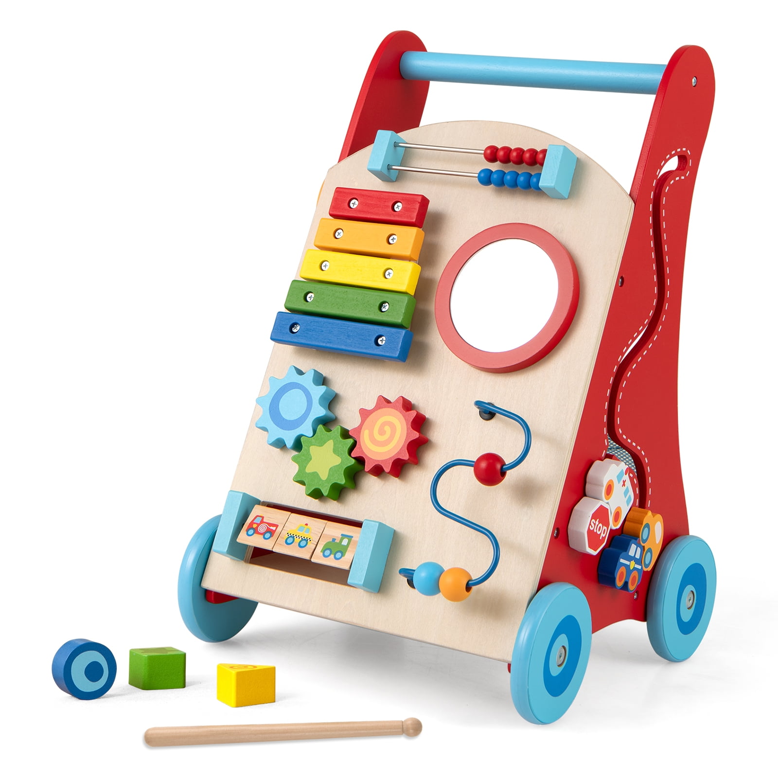 Gymax Wooden Baby Walker Baby Push Walker w/ Handle Storage & Wheels ...