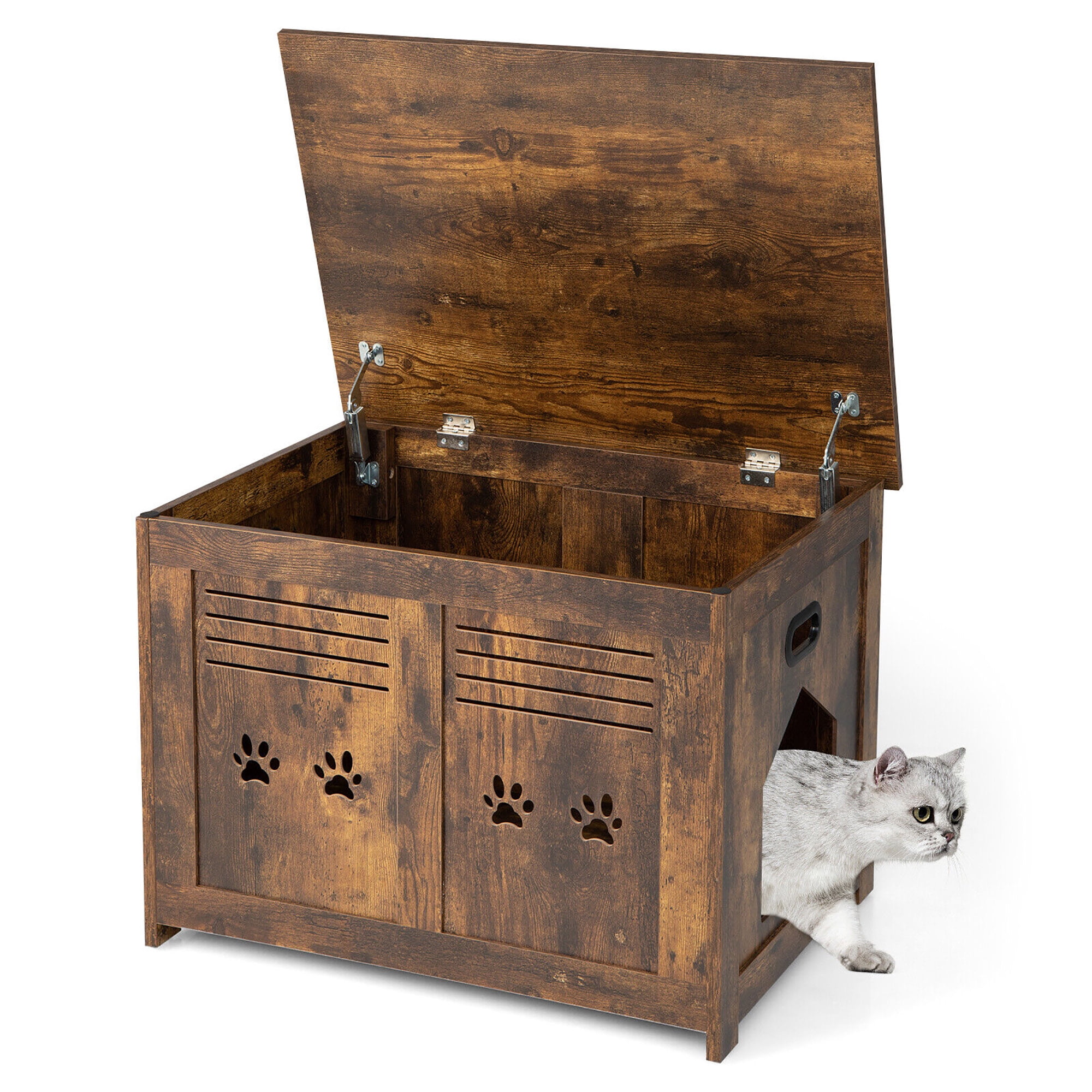 Gymax Kitty Furniture Wooden Cat Litter Box Enclosure, Flip-Top Hidden ...