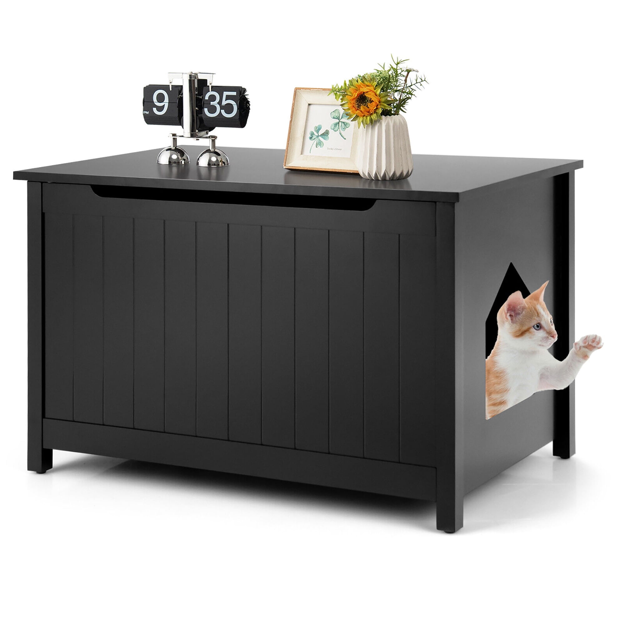Gymax Wooden Cat Litter Box Enclosure W/ Top Opening Side Table ...