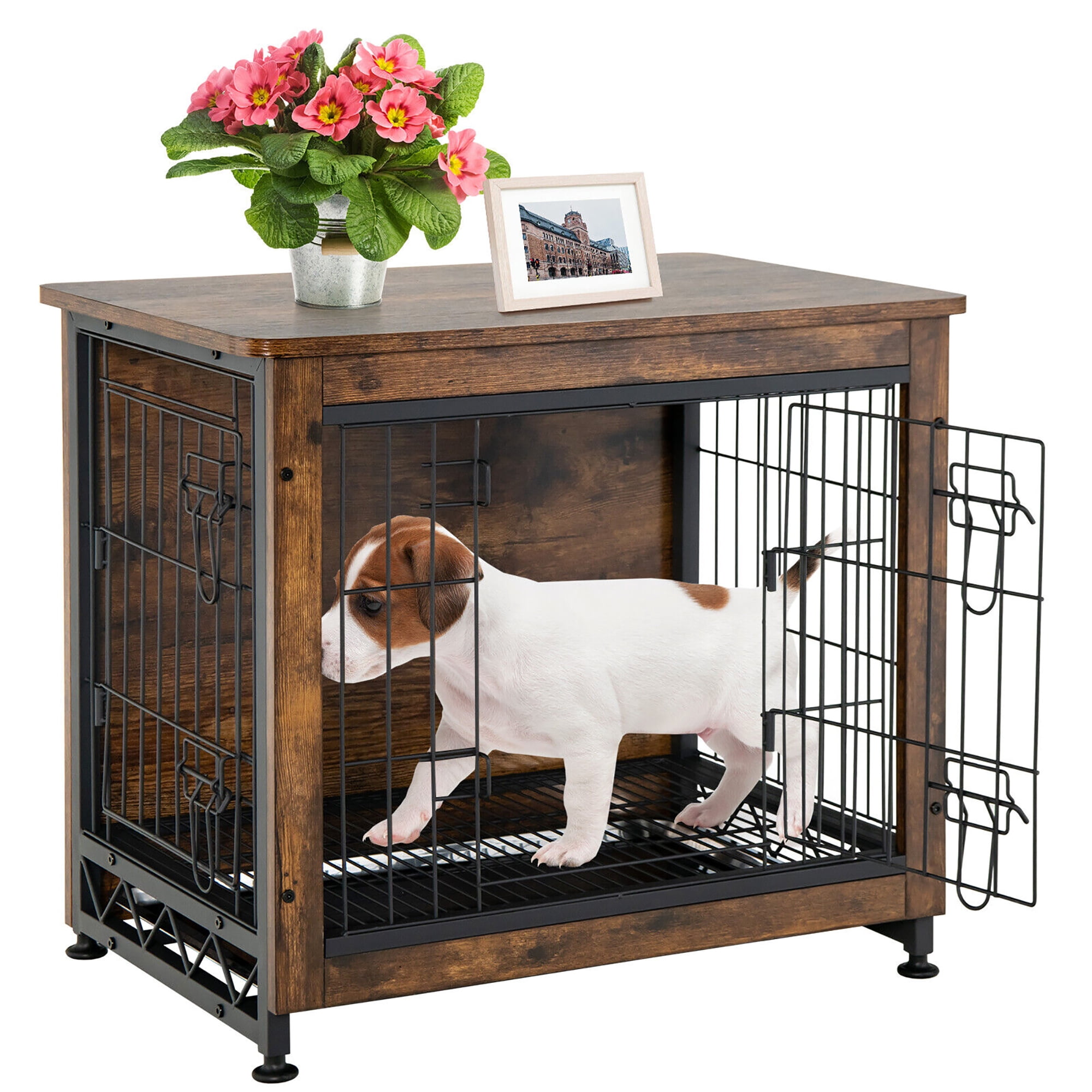 Gymax Indoor Style Modern Small Wooden Dog Crate Furniture with Double ...