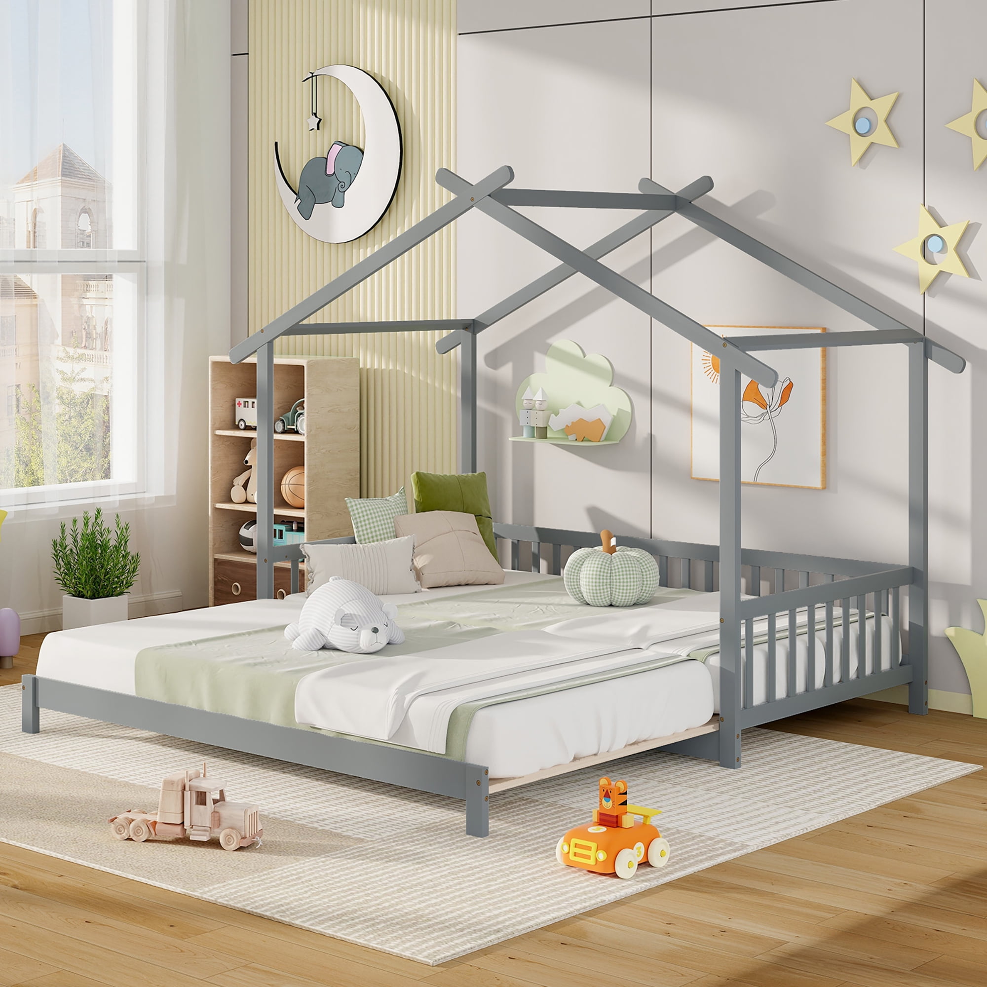 Gymax Wooden House Bed Twin to King Daybed w/ Safety Rails & Decorable ...