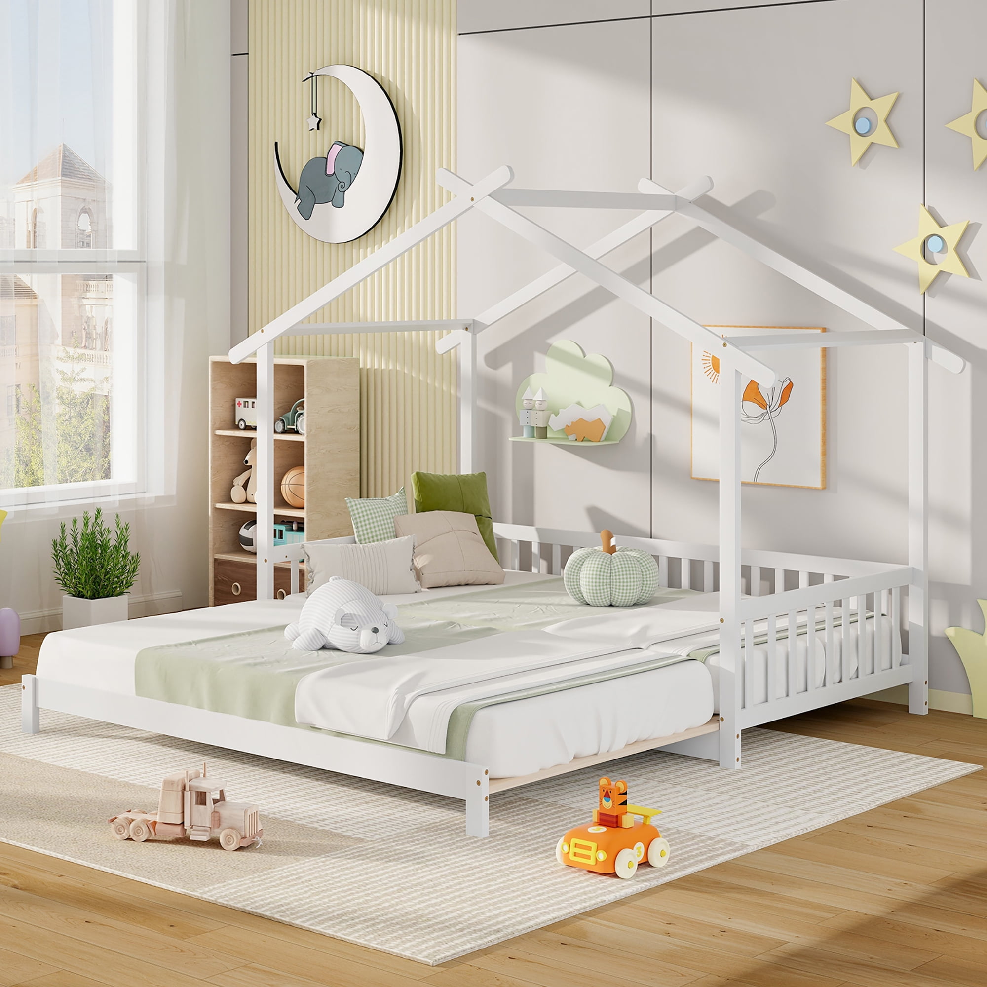 Gymax Wooden House Bed Twin to King Daybed w/ Safety Rails & Decorable ...
