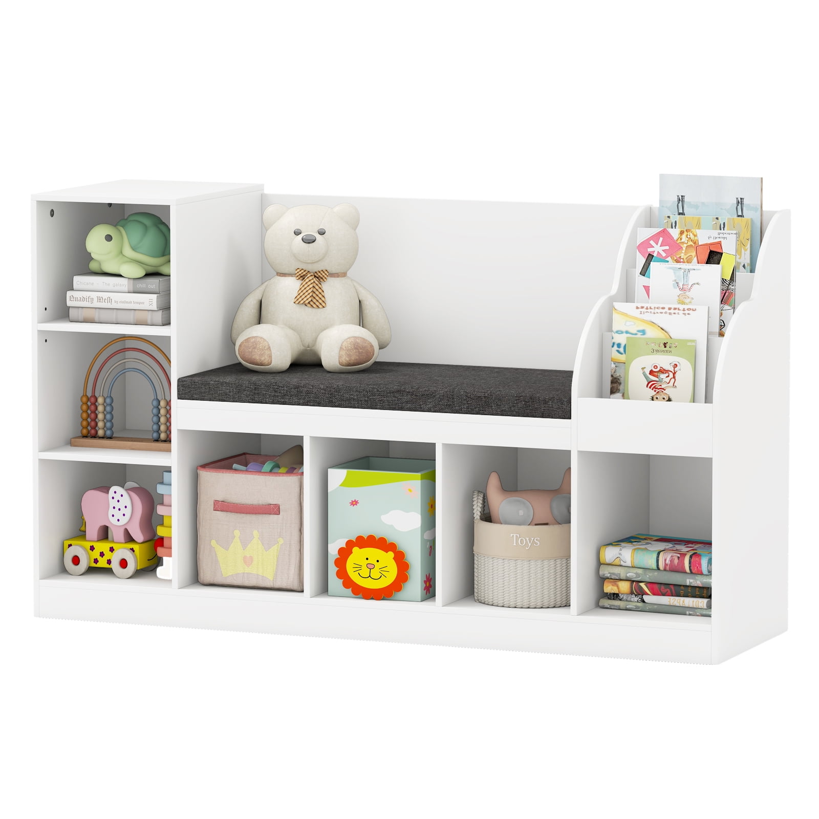 Gymax Wooden Kids Bookshelf w/Reading Nook Padded Seat Open Cubes ...