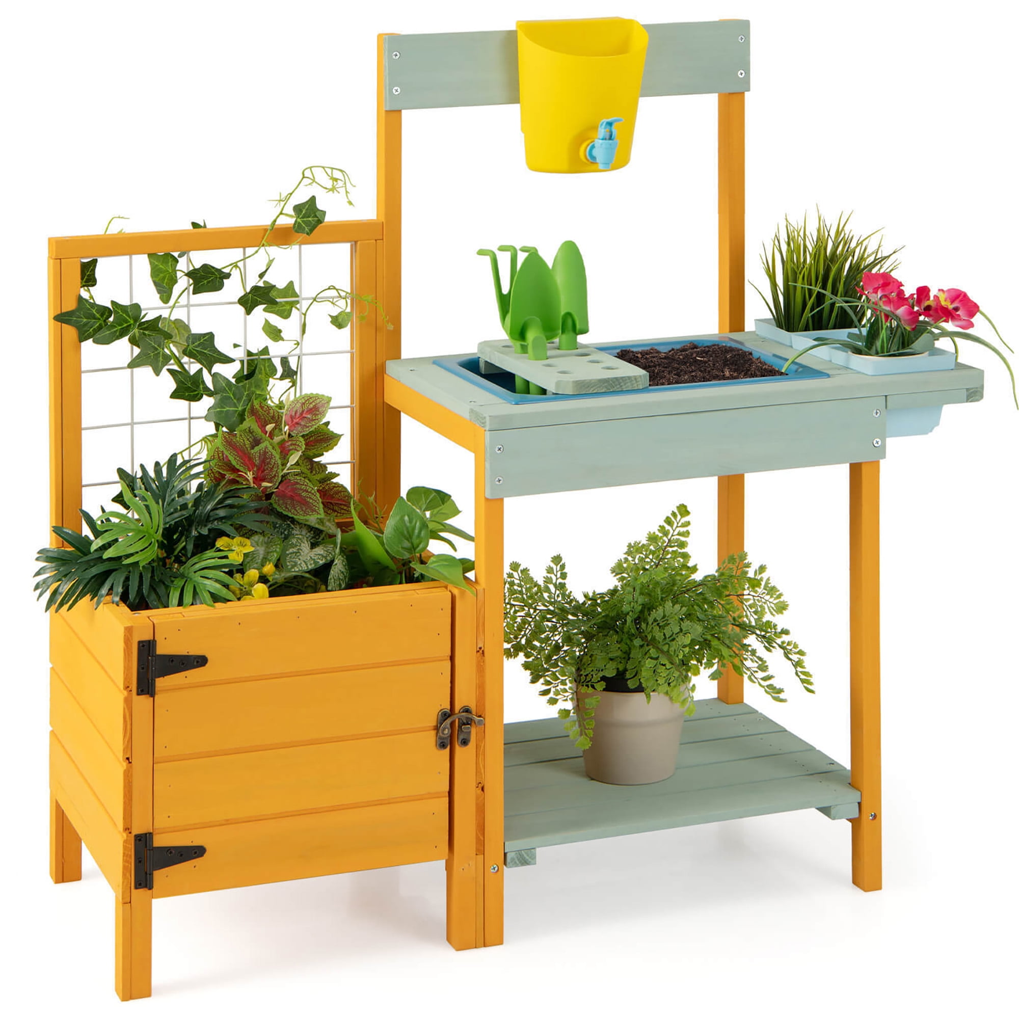 Gymax Kids Wooden Potting Bench, Planter Box with Window, Garden ...