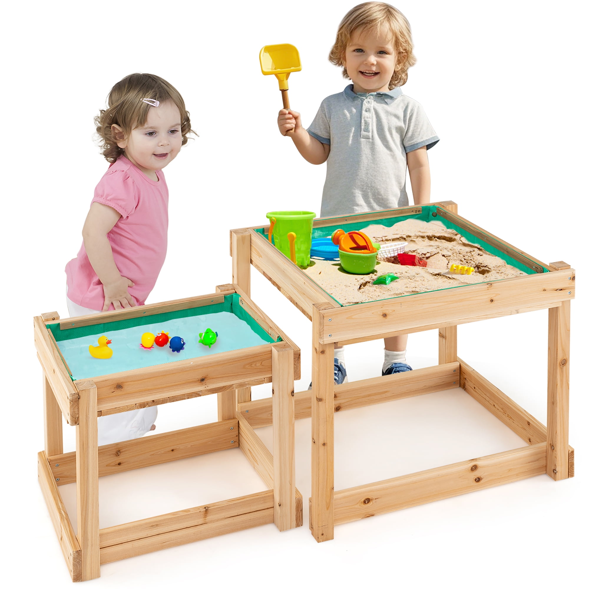 Gymax Wooden Sand & Water Tables Outdoor Sensory Tables w/ Protective ...