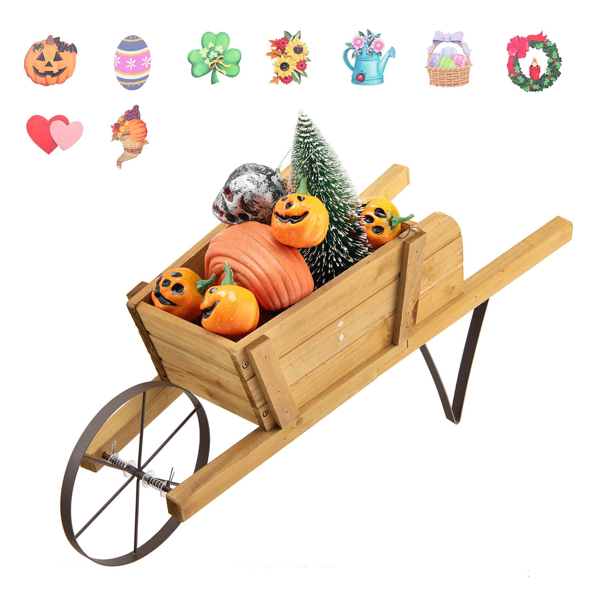 Gymax Garden Plant Decor Wood Wheelbarrow Box, Rustic Indoor/Outdoor ...
