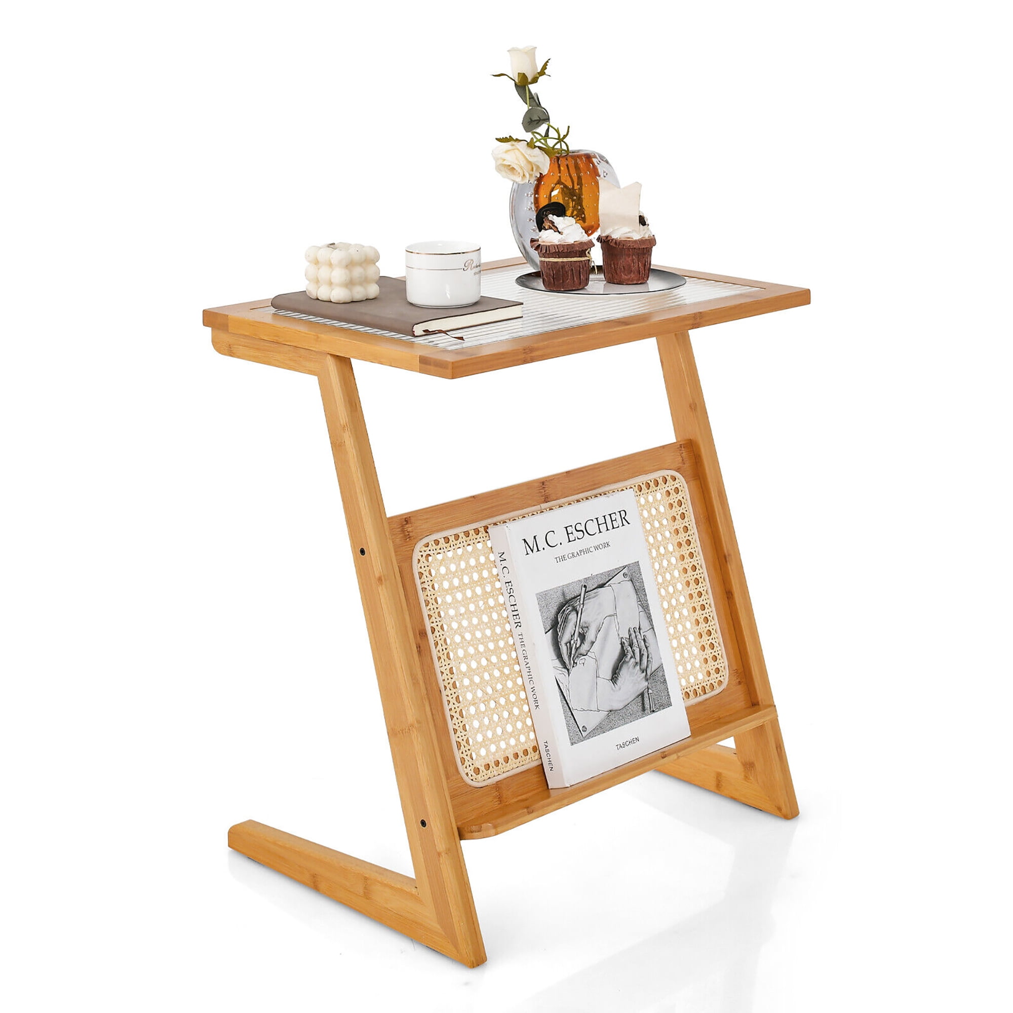 Gymax Z-Shaped End Table, Glass Top, Bamboo, Rattan Shelf, Living Room ...