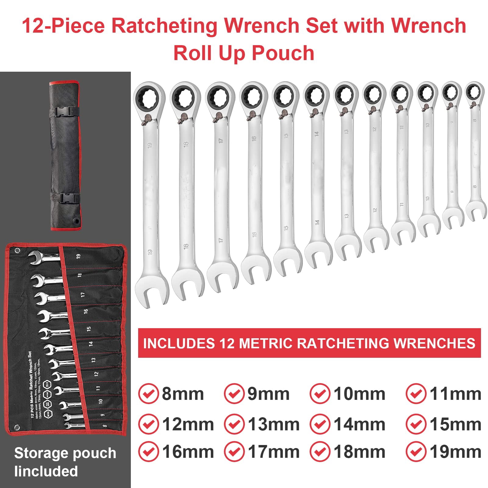 Gymchoice 12 Piece Reversible Ratcheting Combination Wrench Set, Metric ...