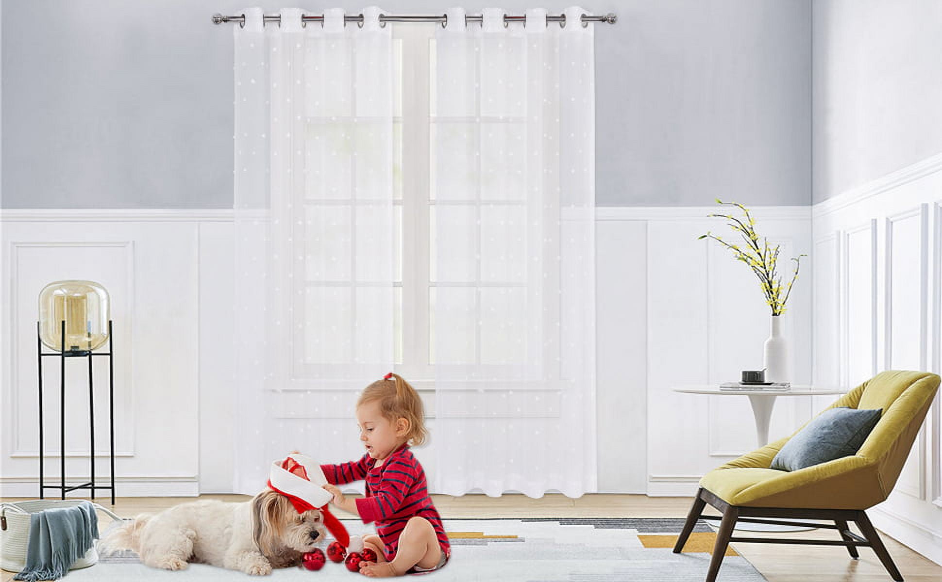 Gymchoice Sheer Curtains with Pompom Design,Jacquard Sheer Window ...