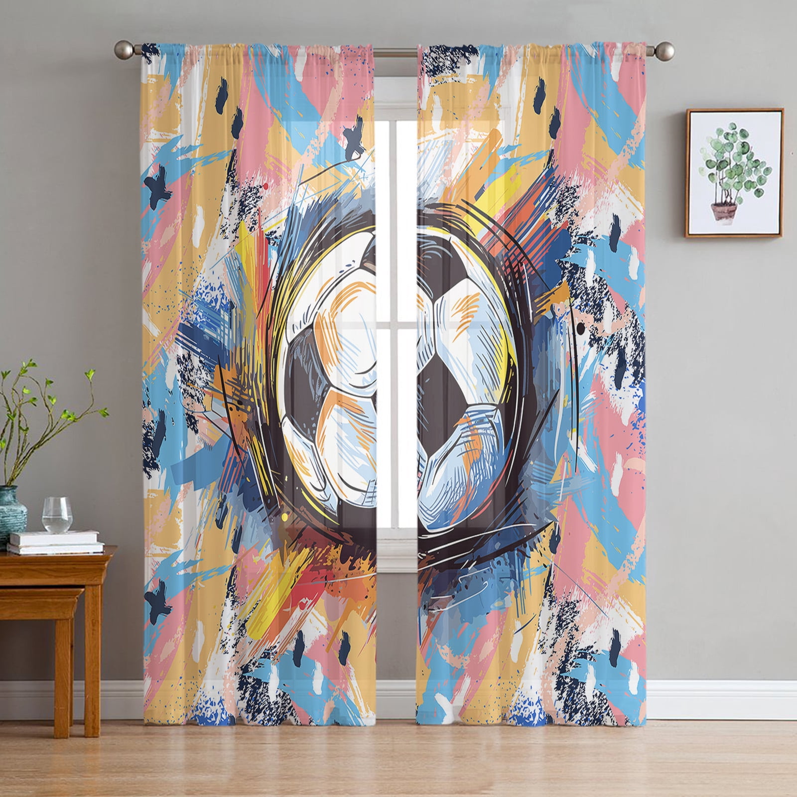 Gymnasium Soccer Court Balls Football Sheer Curtains for Living Room ...