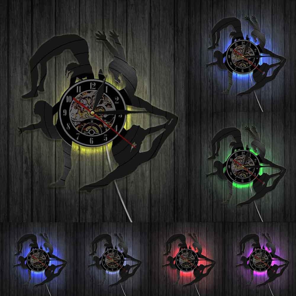 Gymnastics Girls Silhouettes Wall Clock Sports Girl Tumbling Vinyl ...