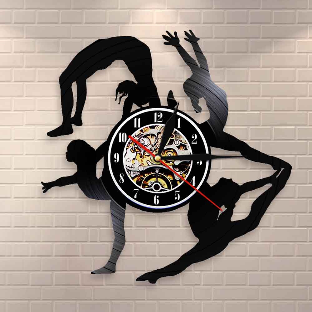 Gymnastics Girls Silhouettes Wall Clock Sports Girl Tumbling Vinyl ...