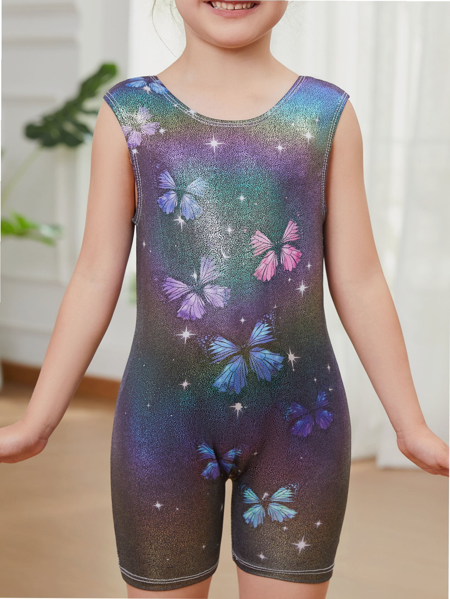 Gymnastics Leotards for Girls with Shorts Fine Butterfly Flicker Luminescence Biketards Dance ...