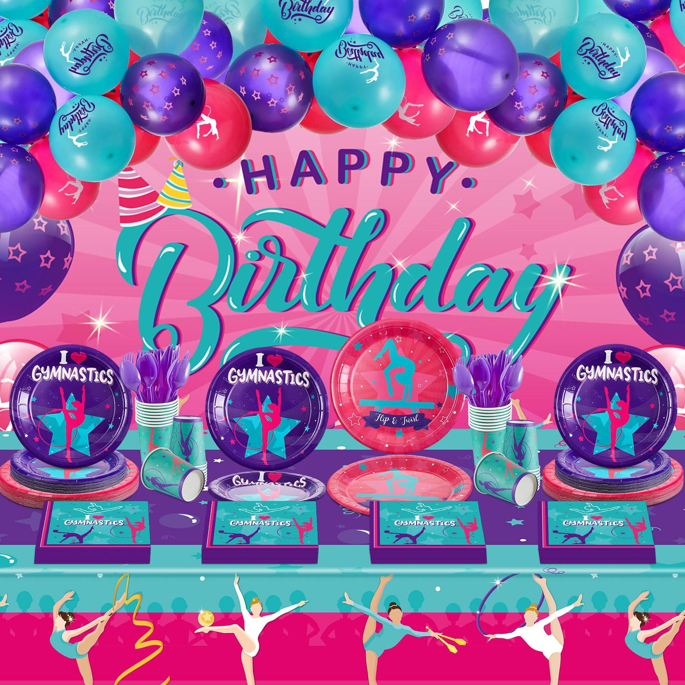 Gymnastics Party Pack - Complete set for 24 guests with plates, cups ...