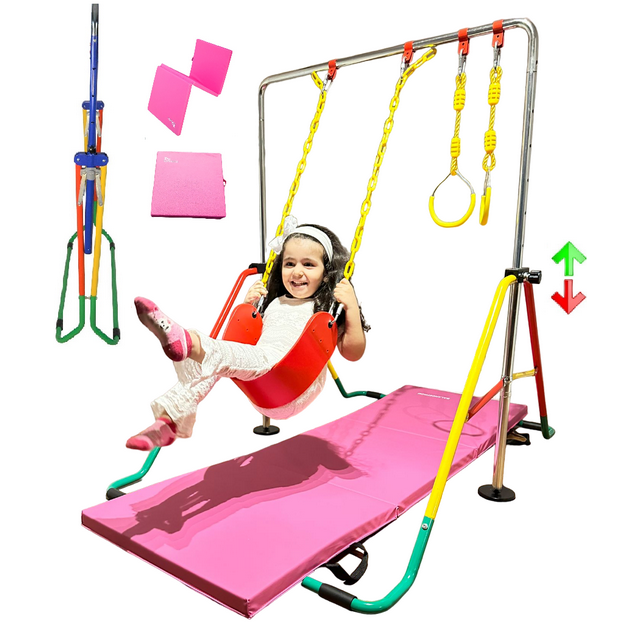 5 in 1 Kids Gymnastics Training Bar Set with Tumble Mat, Swing Seat ...