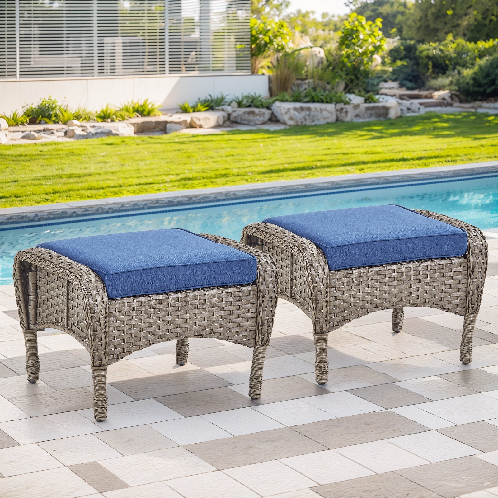 Gymojoy 2 Piece Outdoor Patio Ottomans, Al Weather Wicker Footstool ...