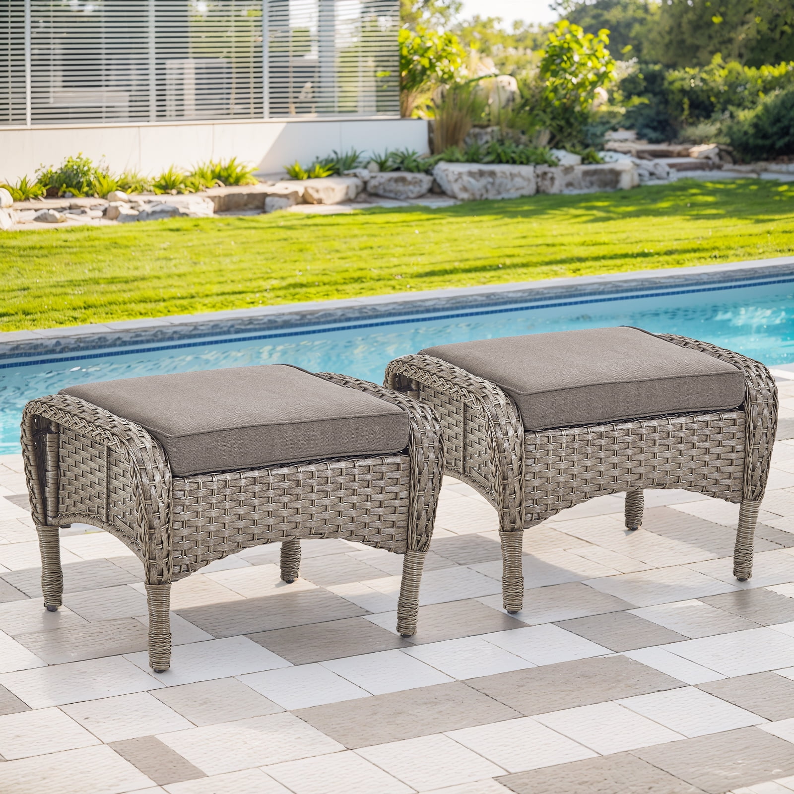 Gymojoy 2 Piece Outdoor Patio Ottomans, Al Weather Wicker Footstool ...