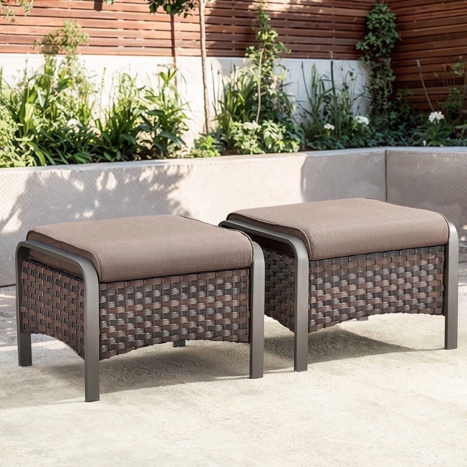 Gymojoy 2Pcs All Weather Wicker Outdoor Brown Ottoman Steel Frame Patio ...