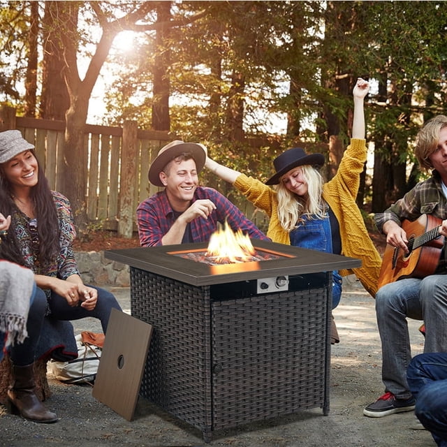 Gymojoy 30 in. Square Brown Wicker and Metal Propane Gas Outdoor Fire ...