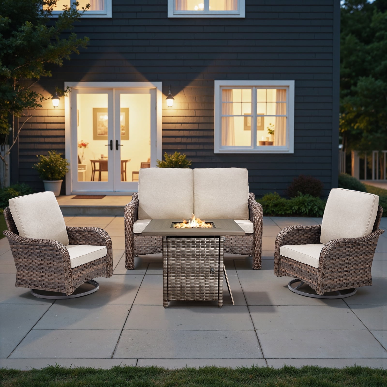 Gymojoy 4 Piece Patio Furniture Fire Pit Sets Wicker Loveseat with 2 ...